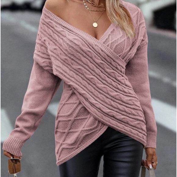 Delilah Wear | Sweaters | New V Neck Pink Crossover Cable Knit Sweater ...